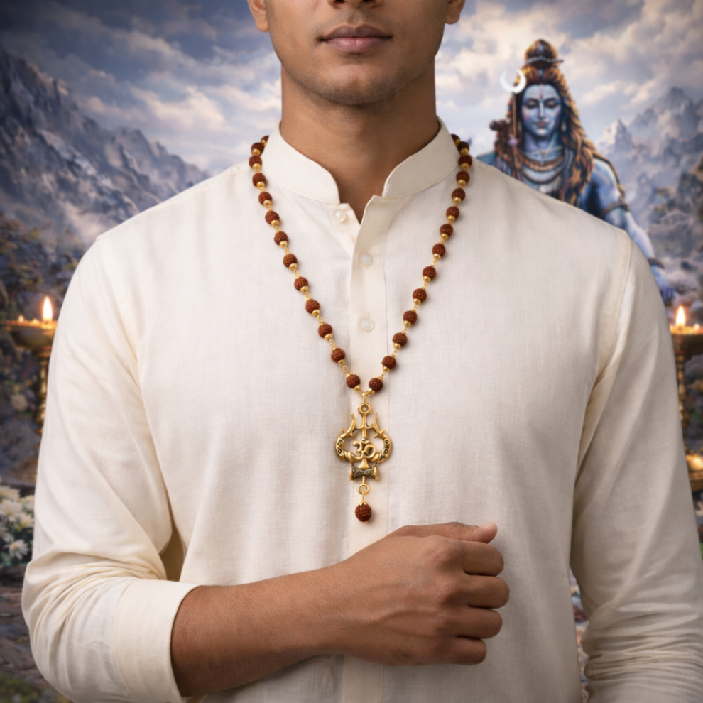 Gold Plated Trishool Rudraksha Necklace – DAKSHIS